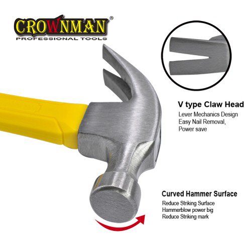 Crownman 16OZ Claw Hammer Fiber Glass & Plastic Coating Handle ...